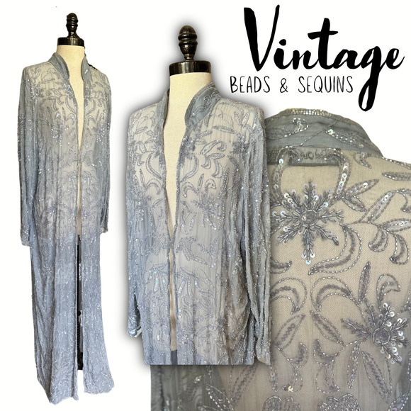 Vintage | Other | Vintage Silk Beaded Blue Duster Kimono Ephemera Art ...